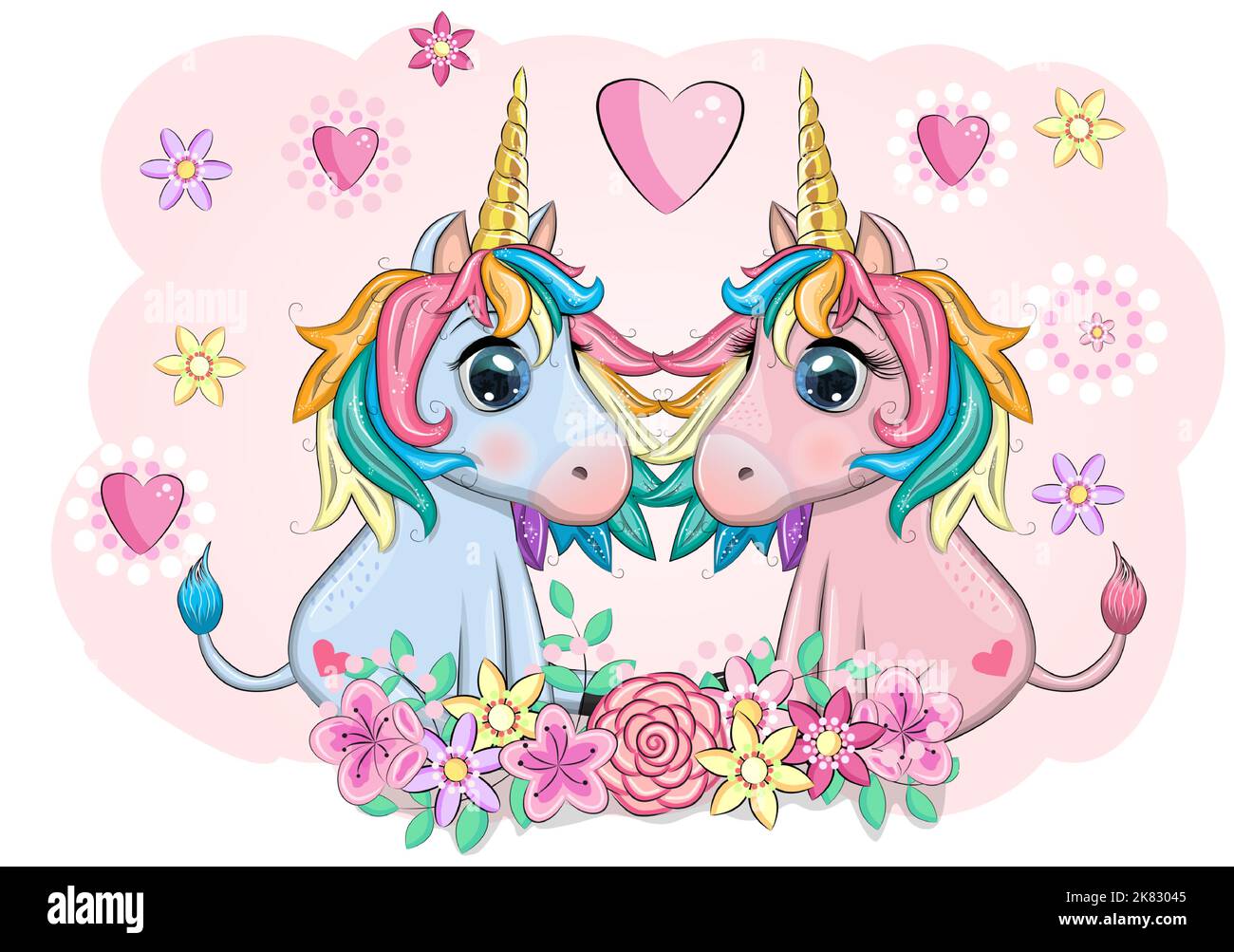 Boy and girl, pink and blue unicorns with heart, Valentine's day ...