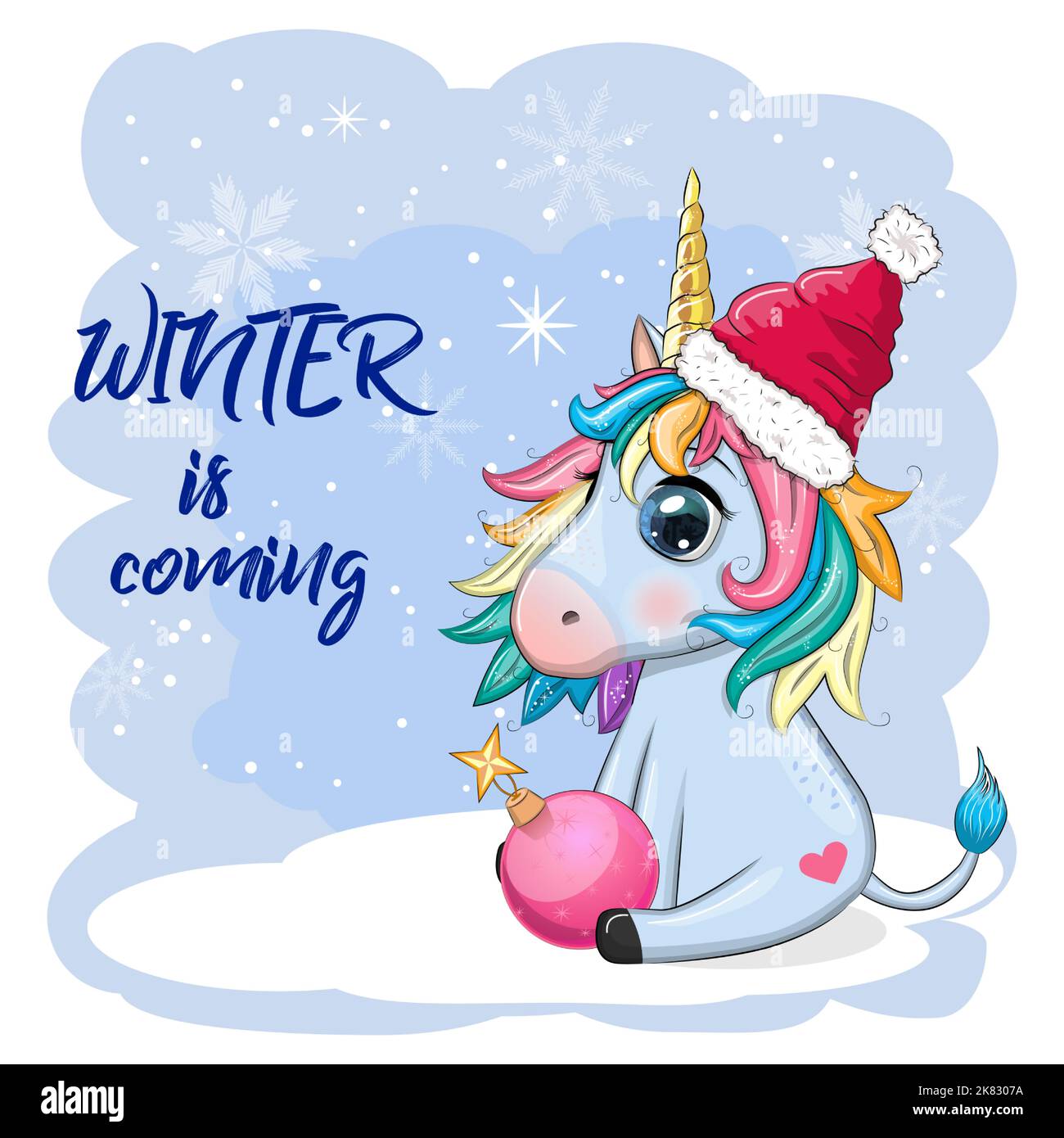 Cute cartoon unicorn in santa hat with gift, christmas ball, candy kane ...