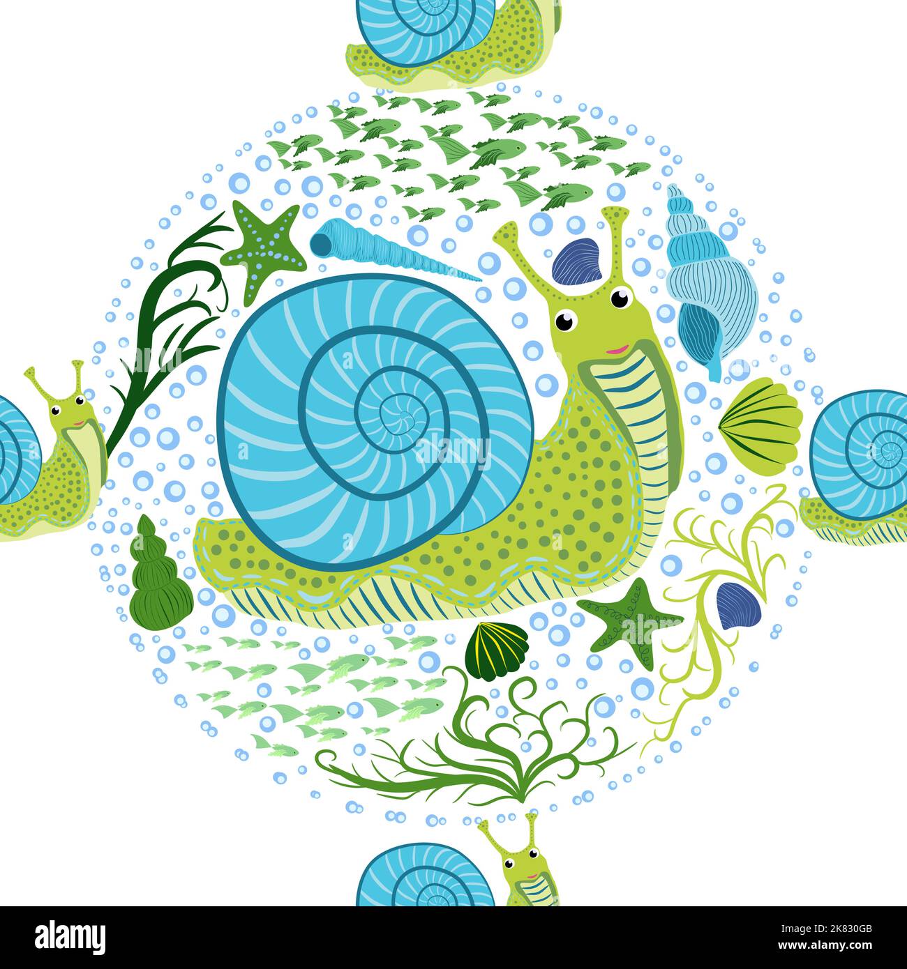 Snail, sea inhabitants seamless pattern, beautiful character among ...