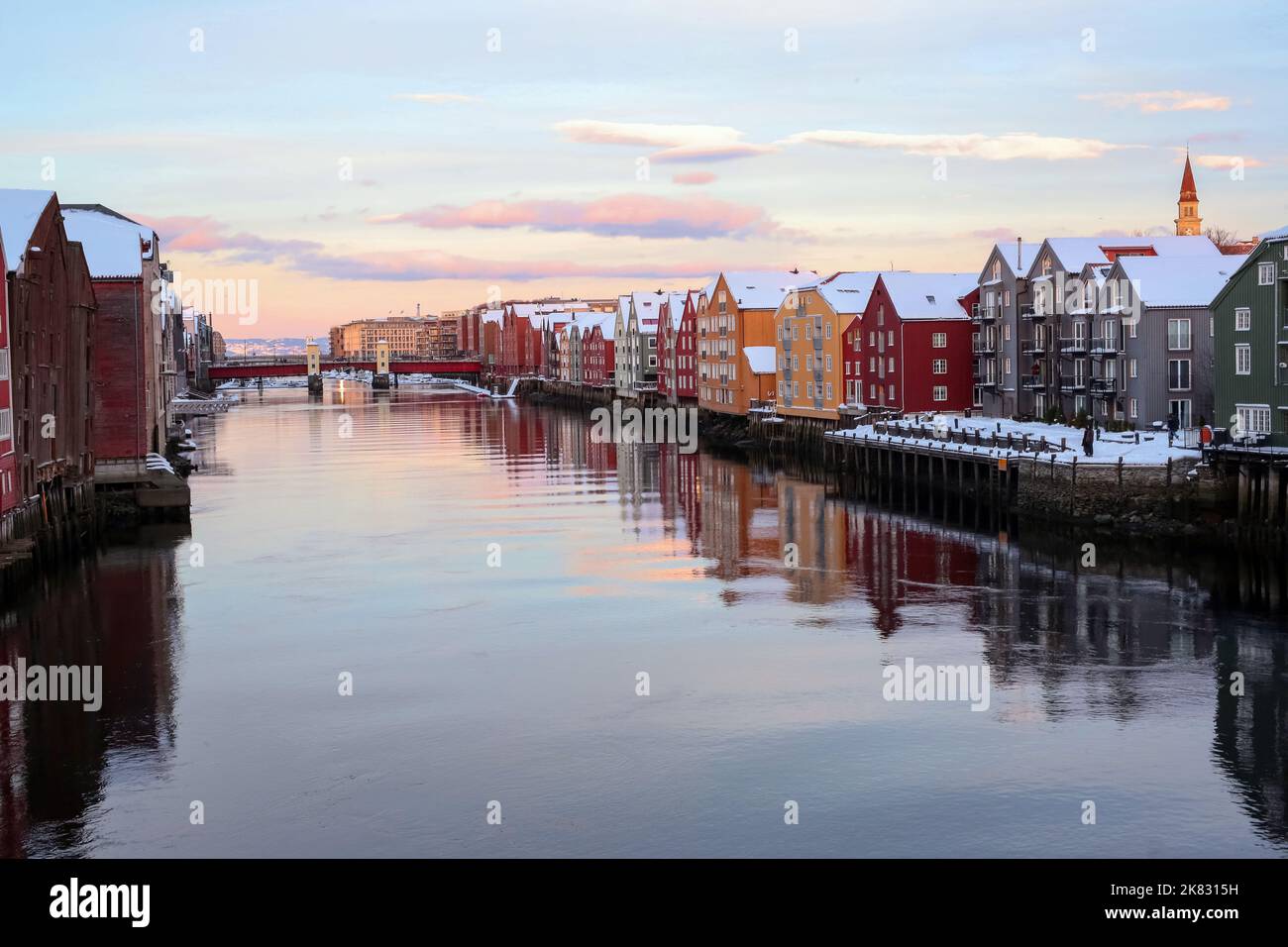 Winter in Trondheim, view of the river Nidelva and residential district ...