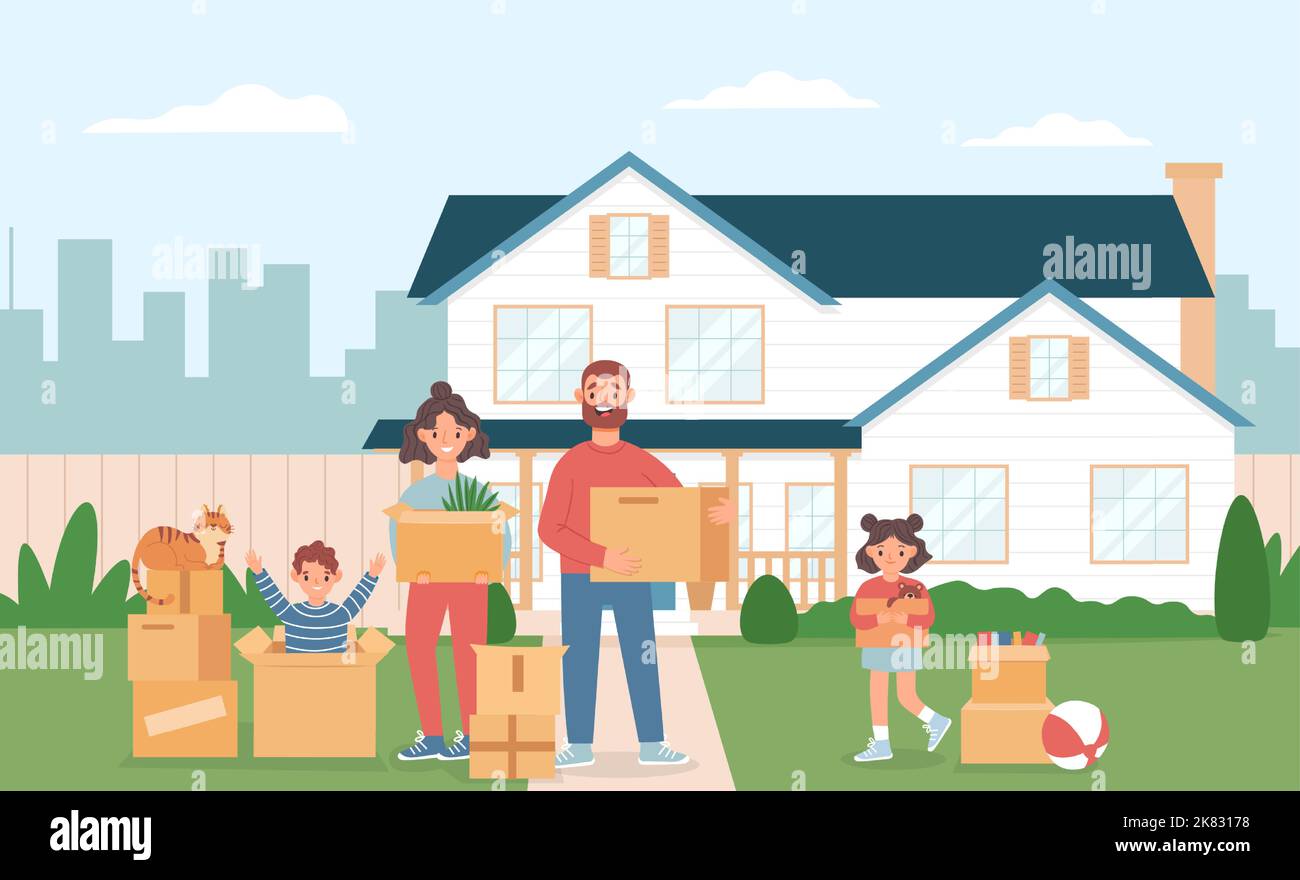 Family moving into new house. Parents and daughter carrying cardboard ...