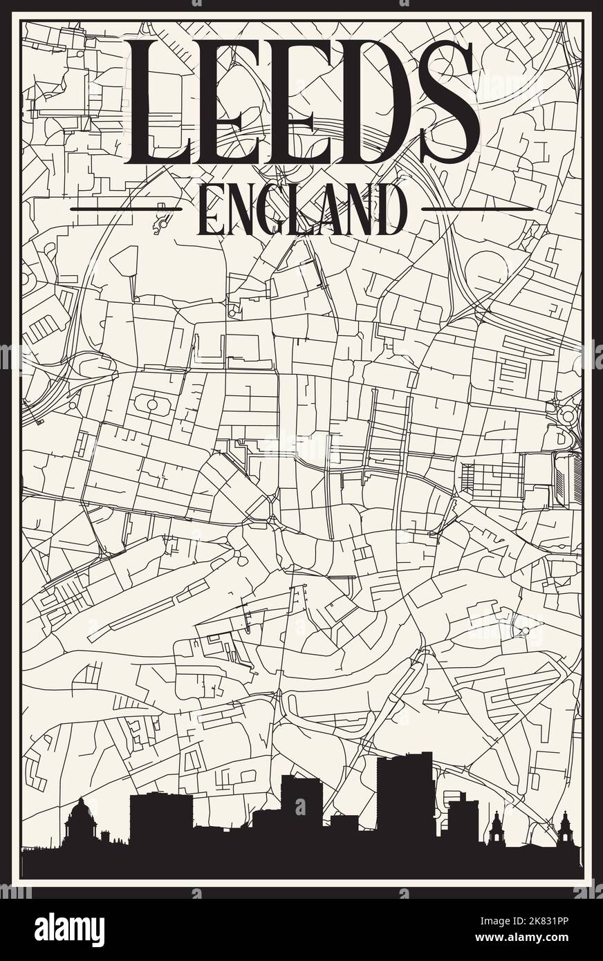 White vintage hand-drawn printout streets network map of the downtown ...