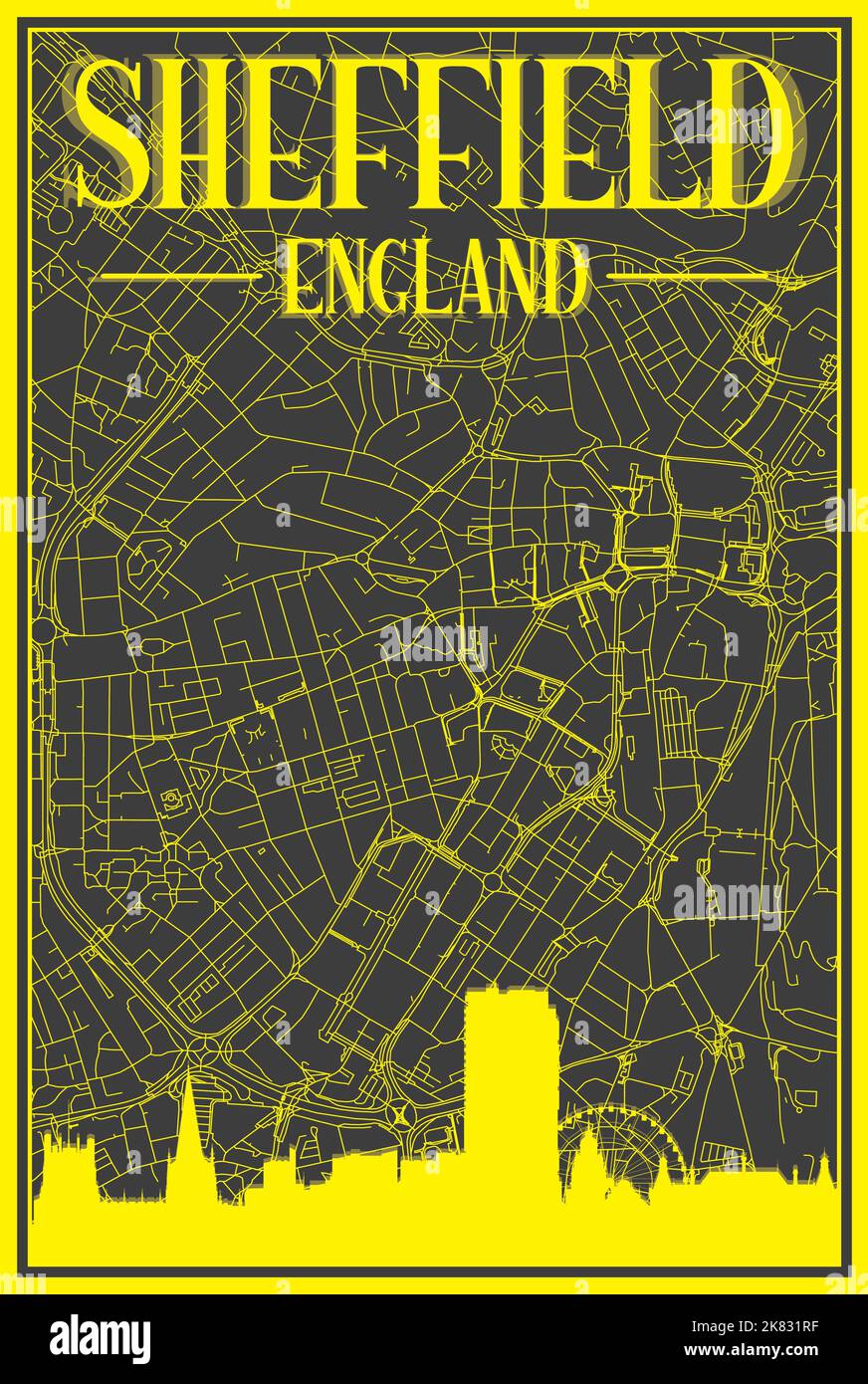 Black and yellow vintage hand-drawn printout streets network map of the ...
