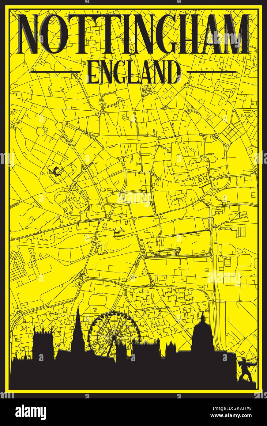 Yellow vintage hand-drawn printout streets network map of the downtown ...