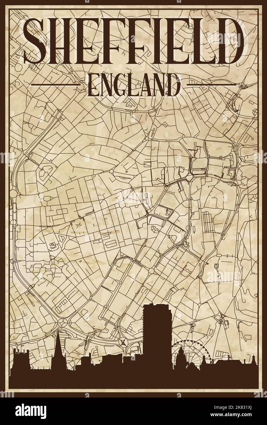 Brown vintage hand-drawn printout streets network map of the downtown ...