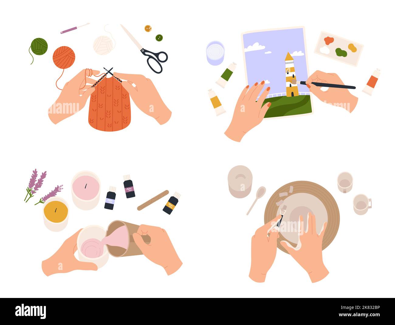 Hands create crafts. People having handmade classes, knitting, making ...