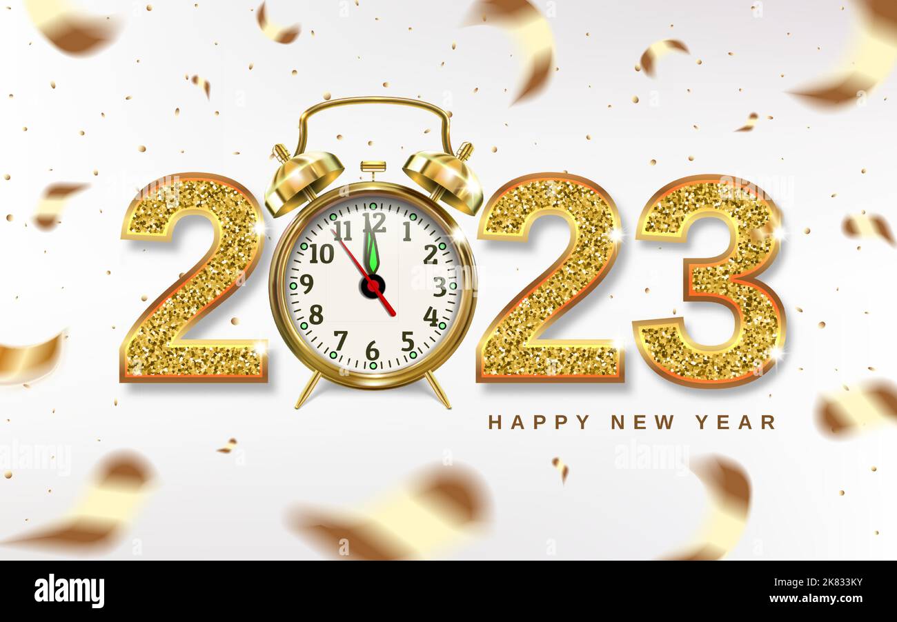 Christmas numbers 2023 with golden alarm clock, arrows point to New ...