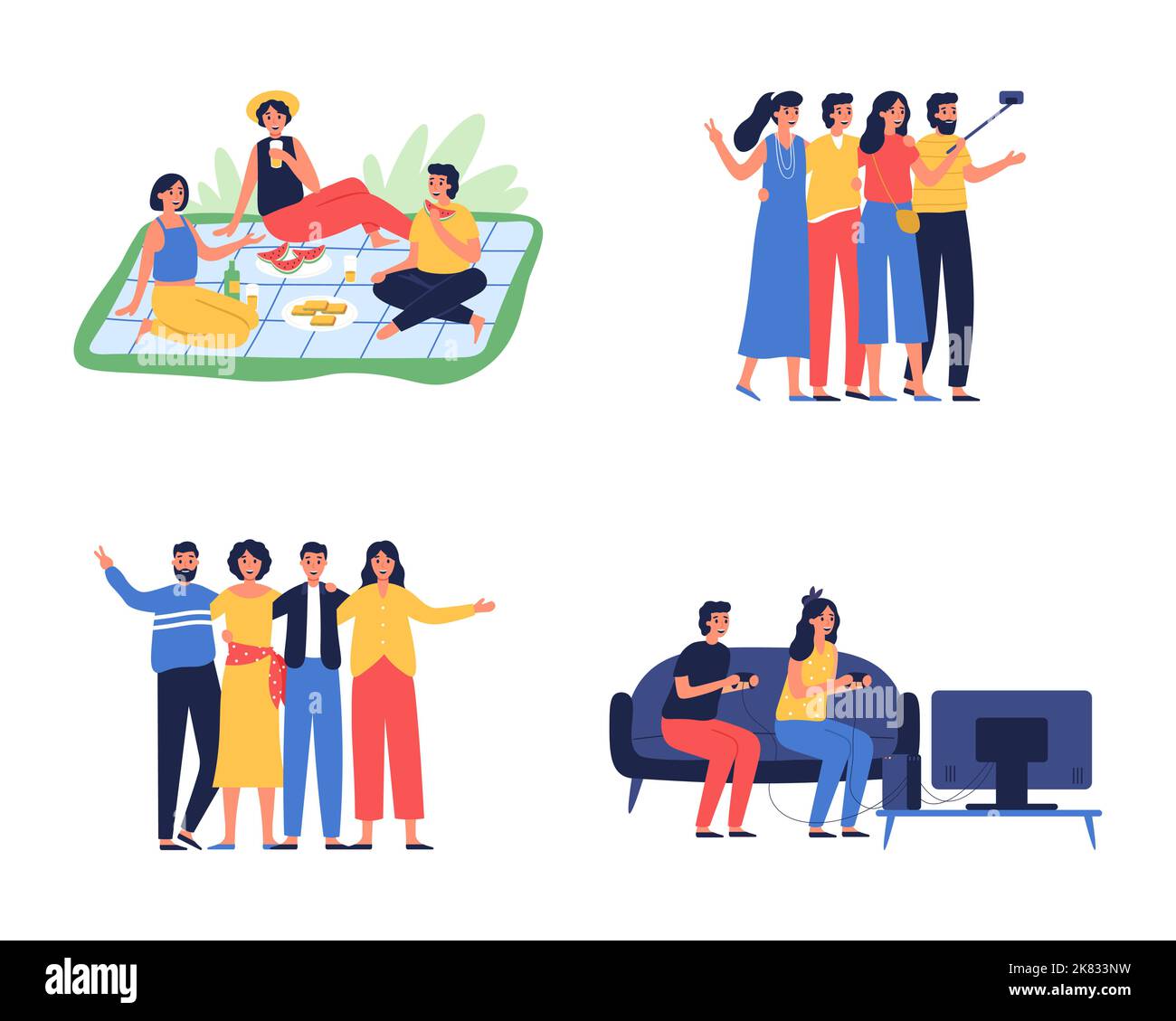 Happy friends spending time together. People having outdoor and indoor ...