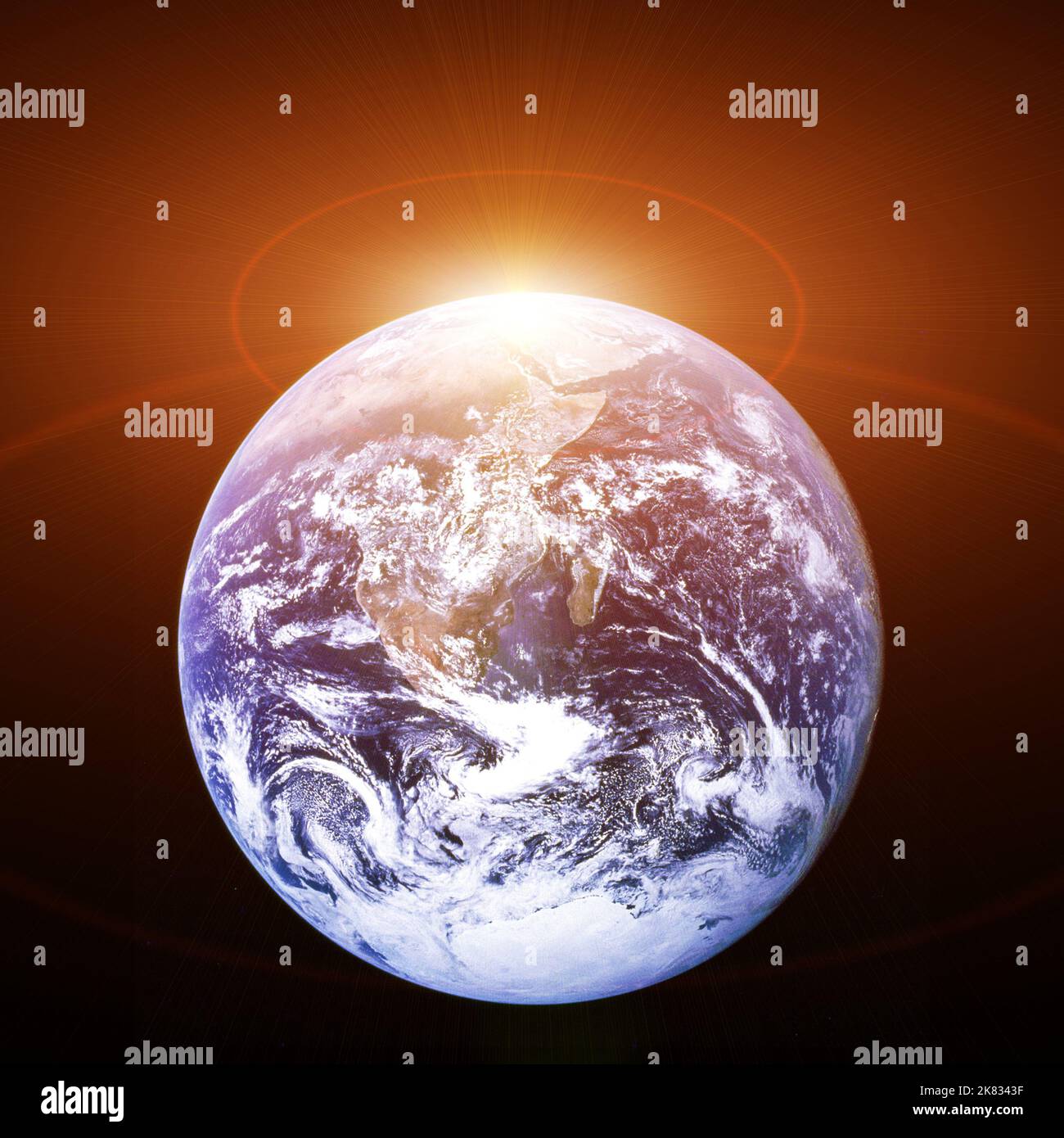 Planet Earth from the space with rising sun. Cosmic landscape. Mixed ...