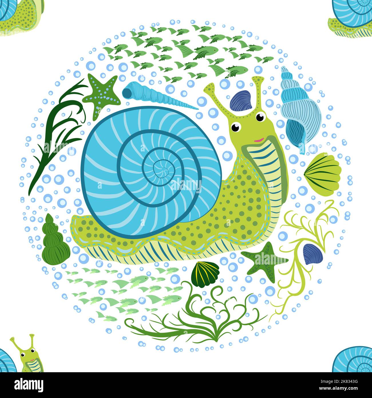 Snail, sea inhabitants seamless pattern, beautiful character among ...