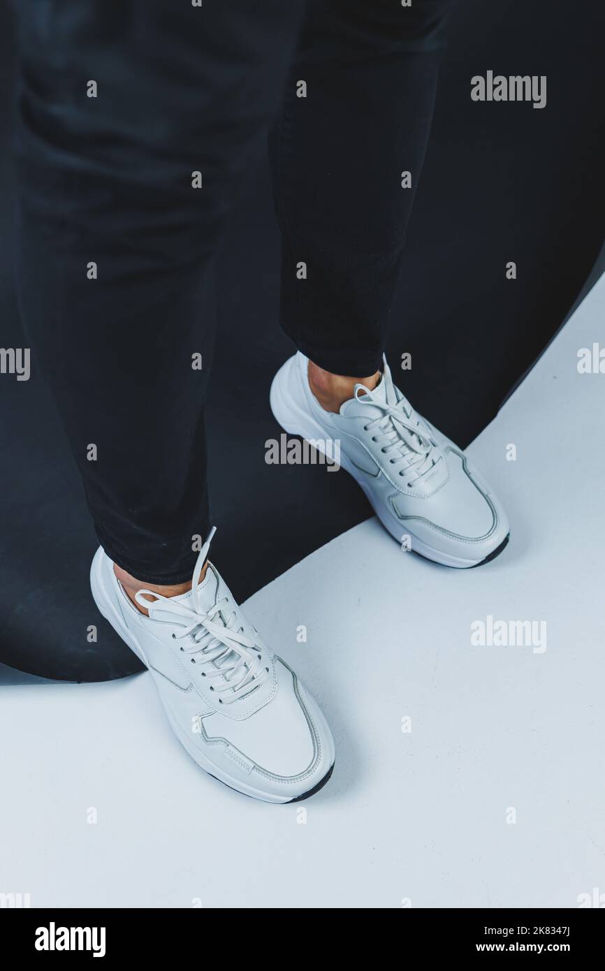 Men's casual white shoes made of genuine leather, men on shoes in white ...