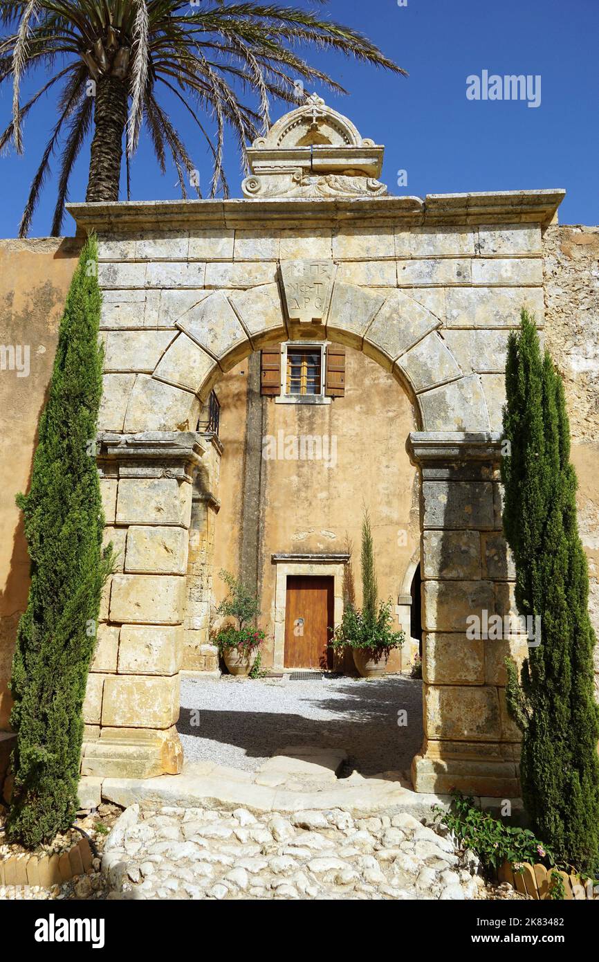 The entrance to the courtyard of the refectory, Arkadi Monastery, Crete ...