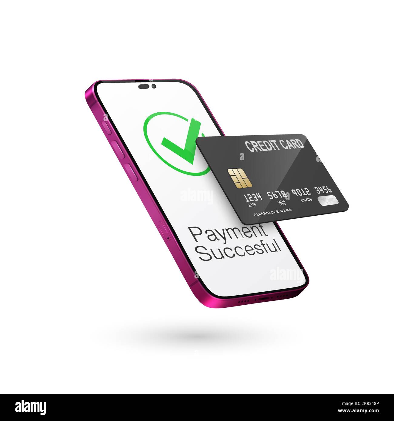 Vector 3d Realistic Pink Smartphone, Credit Card, Wi-Fi Successful ...