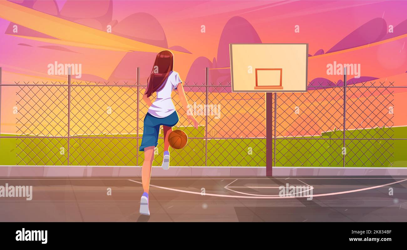 Street basketball court with girl player at evening. Woman athlete ...