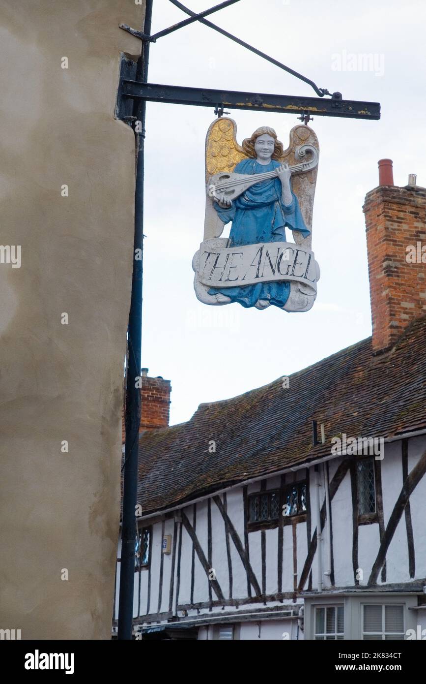 The Angel sign in the centre of Lavenham, Suffolk Stock Photo - Alamy