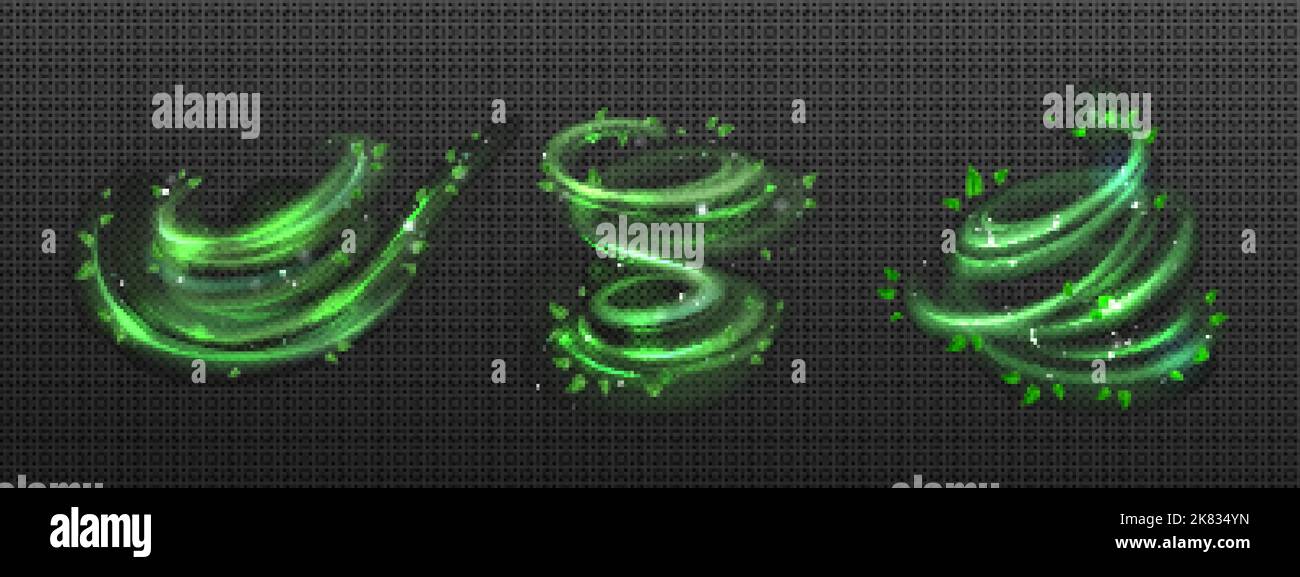 Fresh wind swirls with green leaves and sparkles. Effect of air vortex ...