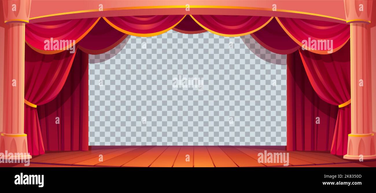 Theater stage with red curtains, wooden floor, white columns isolated ...