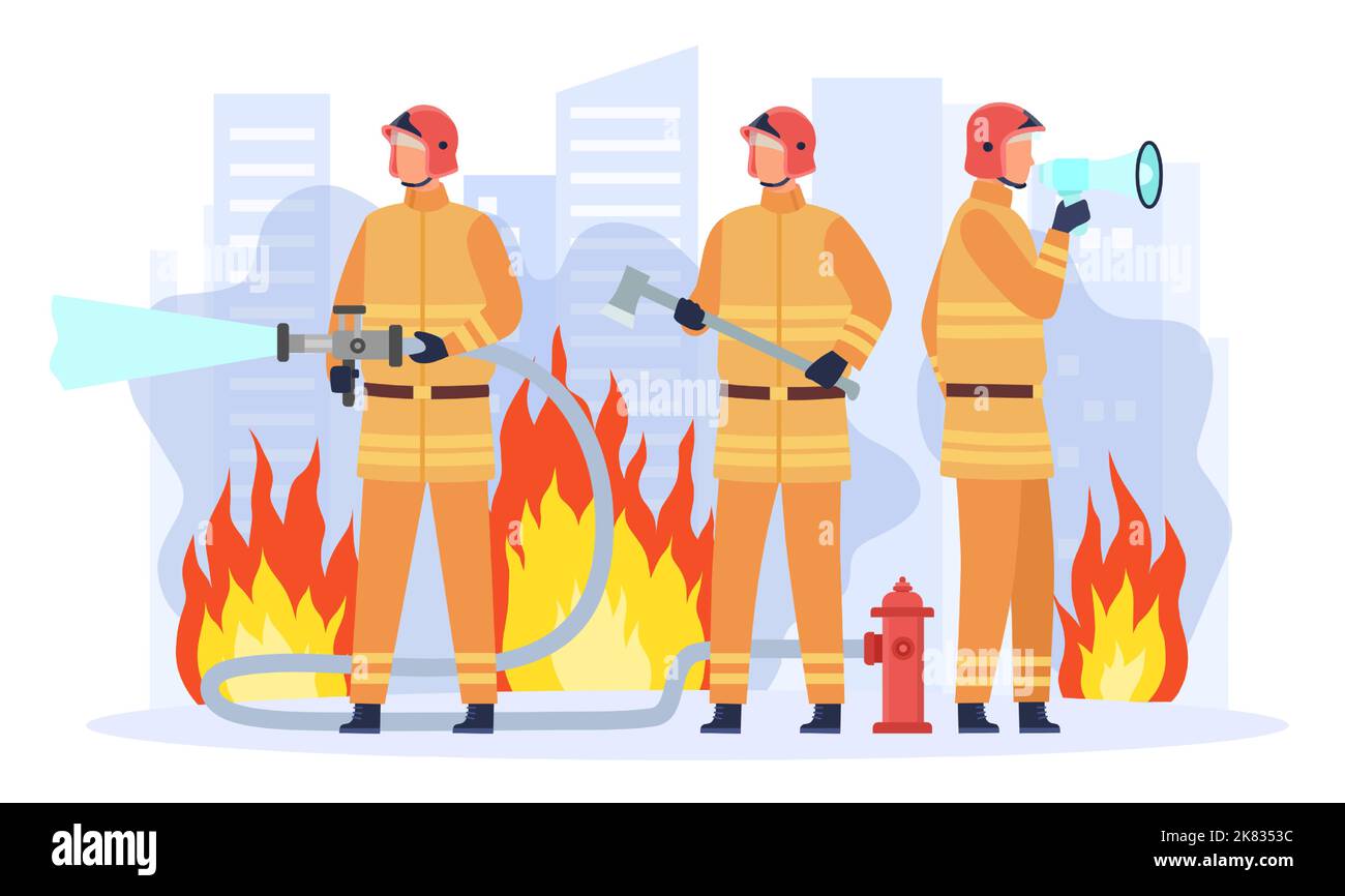 Flat firefighter department team group. Male characters in uniform ...