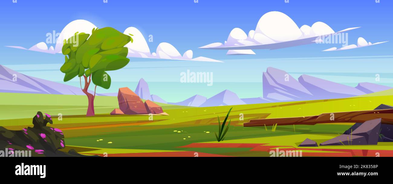 Beautiful green meadow in mountain valley. Cartoon vector illustration ...