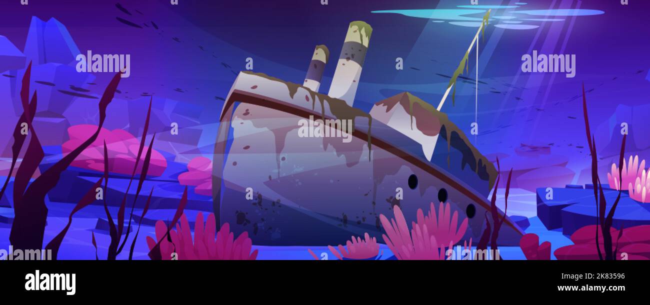 Wreck ship, sunken steamboat with pipes lying on ocean bottom with ...