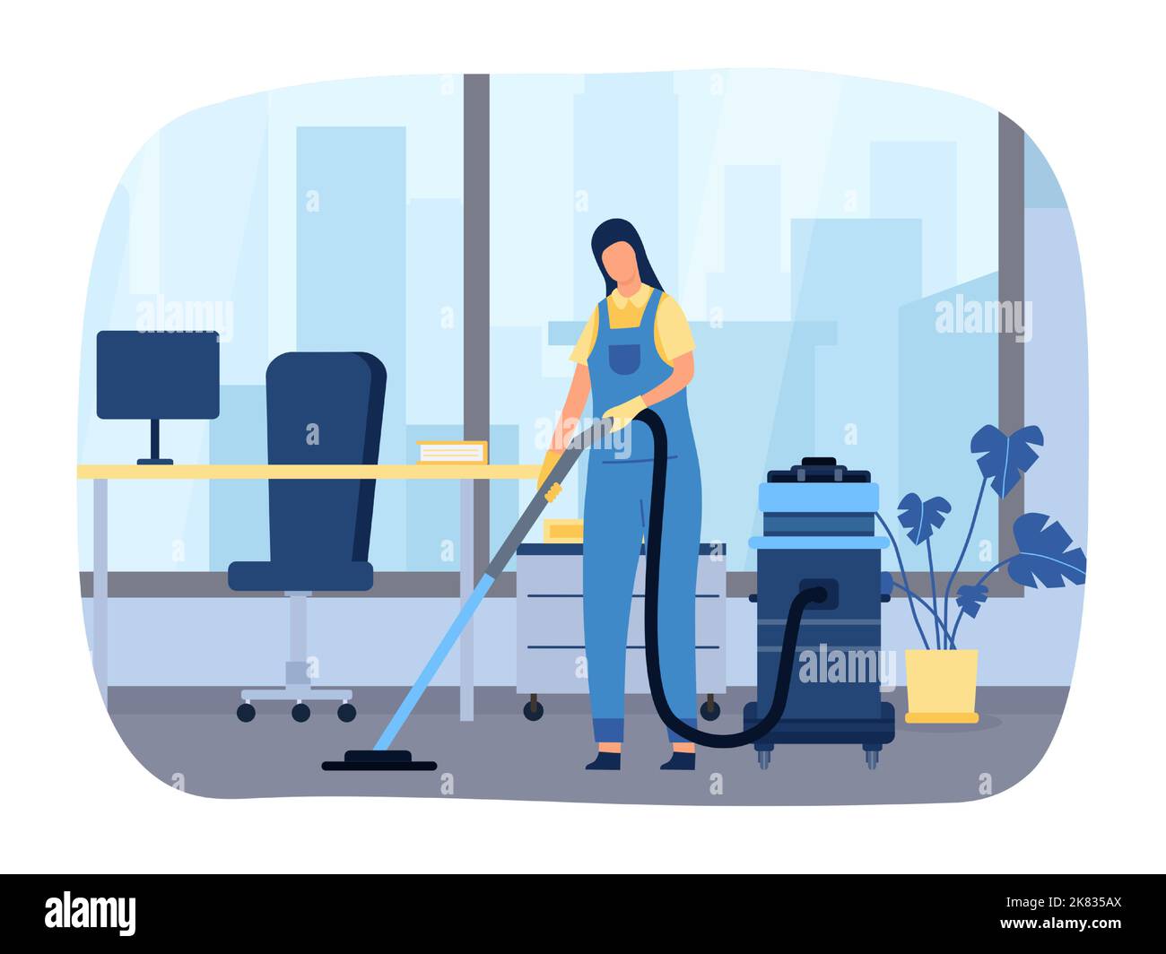 Workspace cleanup vector concept. Cleaning company employee in uniform ...