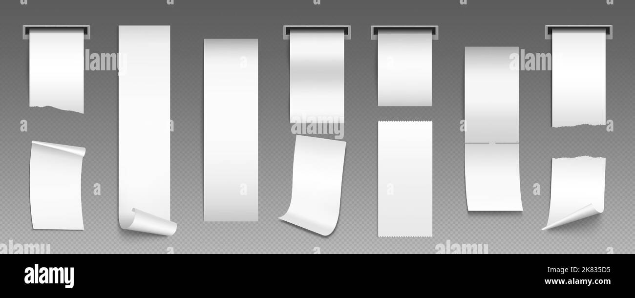 Blank white paper receipts in slot of pos or atm machine. Empty cash ...