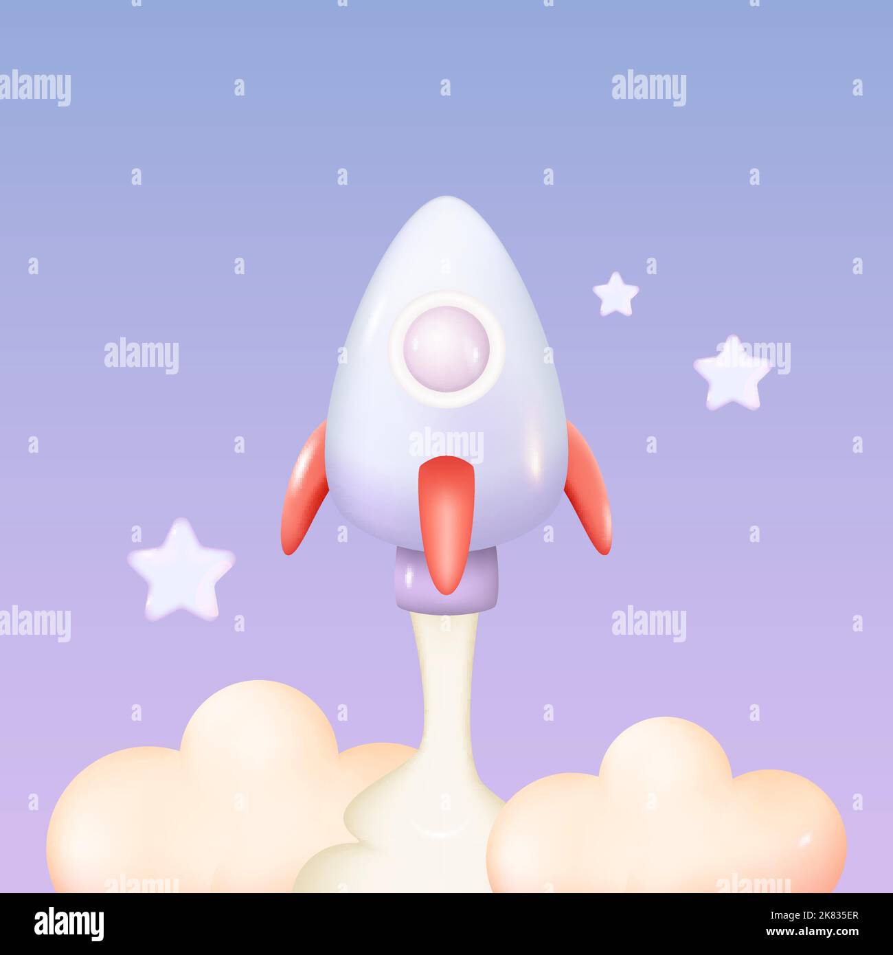 3D Space Rocket Ship Launch. Cartoon Spaceship with Smoke from Turbines ...