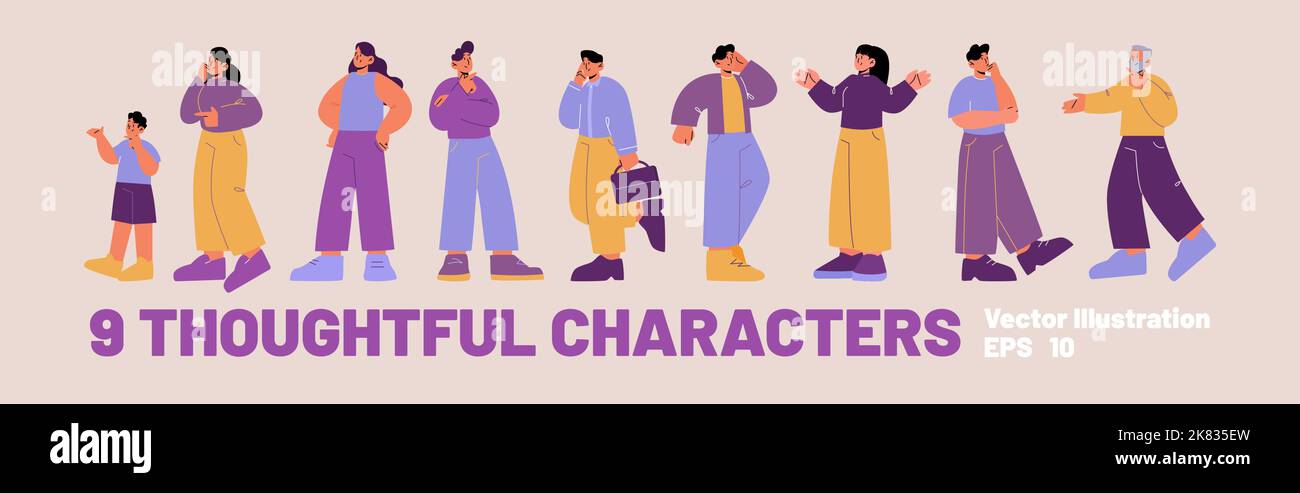 Thoughtful characters set. Diverse people think. Curious, confused ...