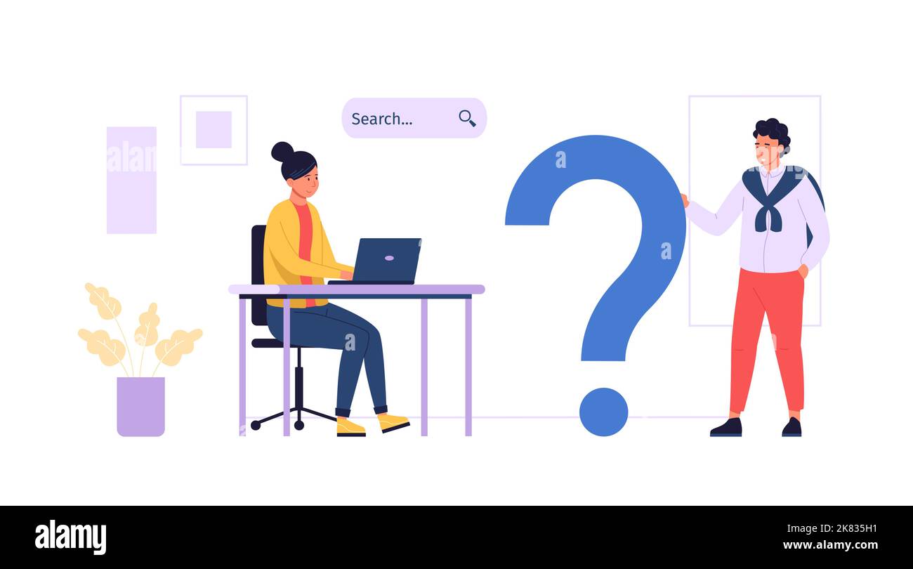 Man holding big question mark, woman sitting at desk with laptop and ...