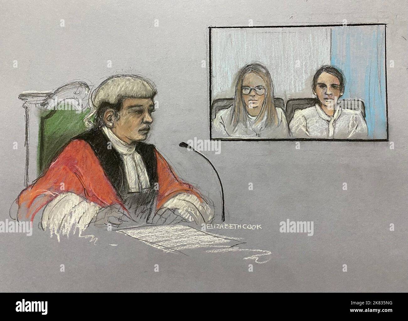 Court artist drawing by Elizabeth Cook of Mrs Justice Bobbie Cheema ...