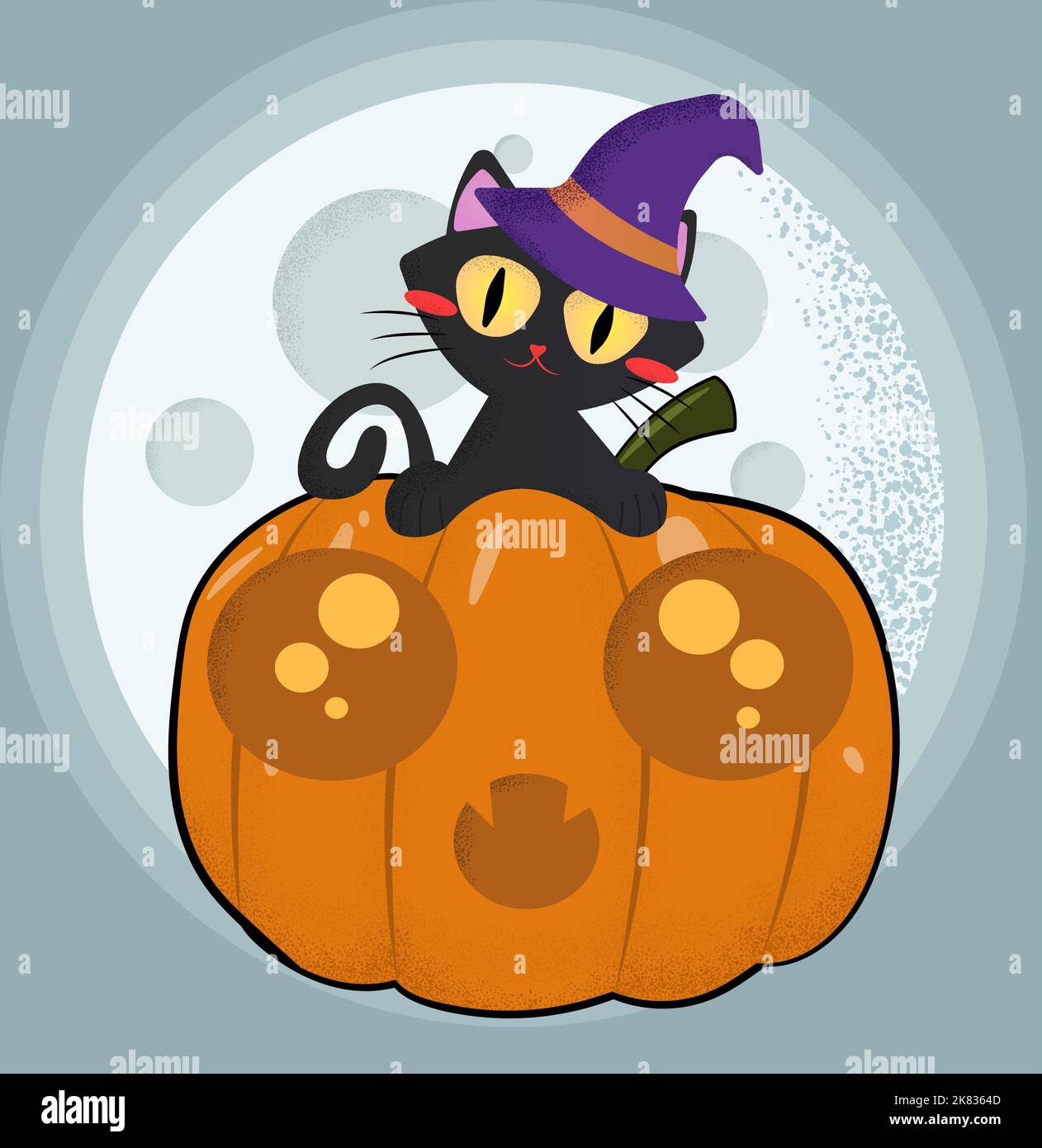 Halloween black cute cat is sitting on a cartoon pumpkin on the ...