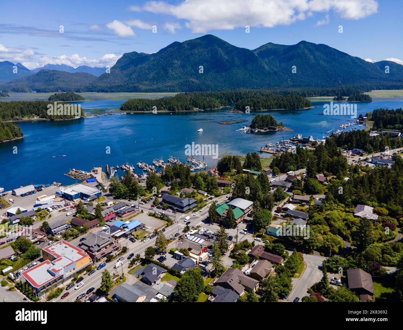 Aerial photograph of Tofino on a beautiful summer morning. Tofino ...