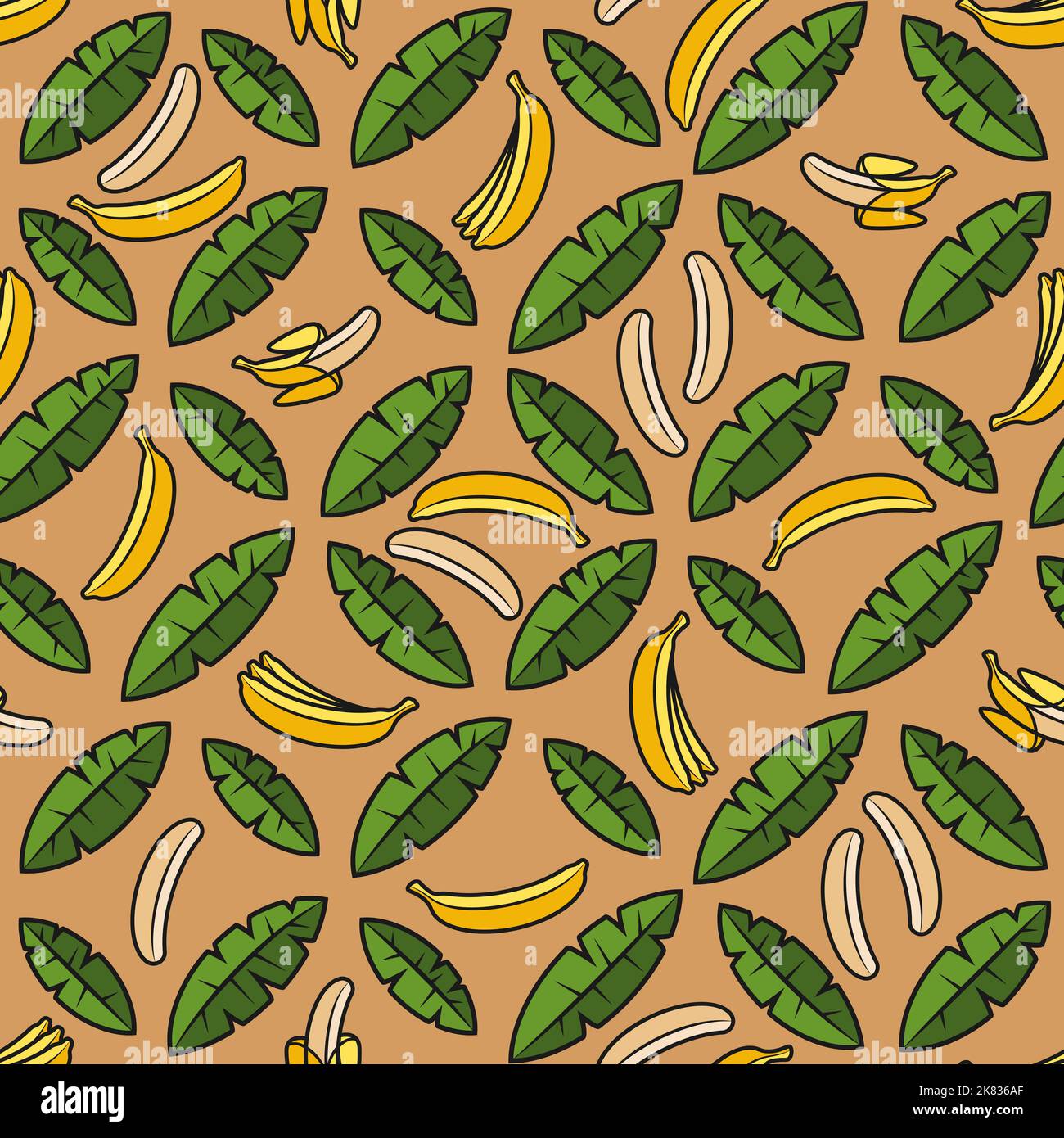 Seamless pattern with palm leaves and bananas. Tropical vector background with isolated objects ...