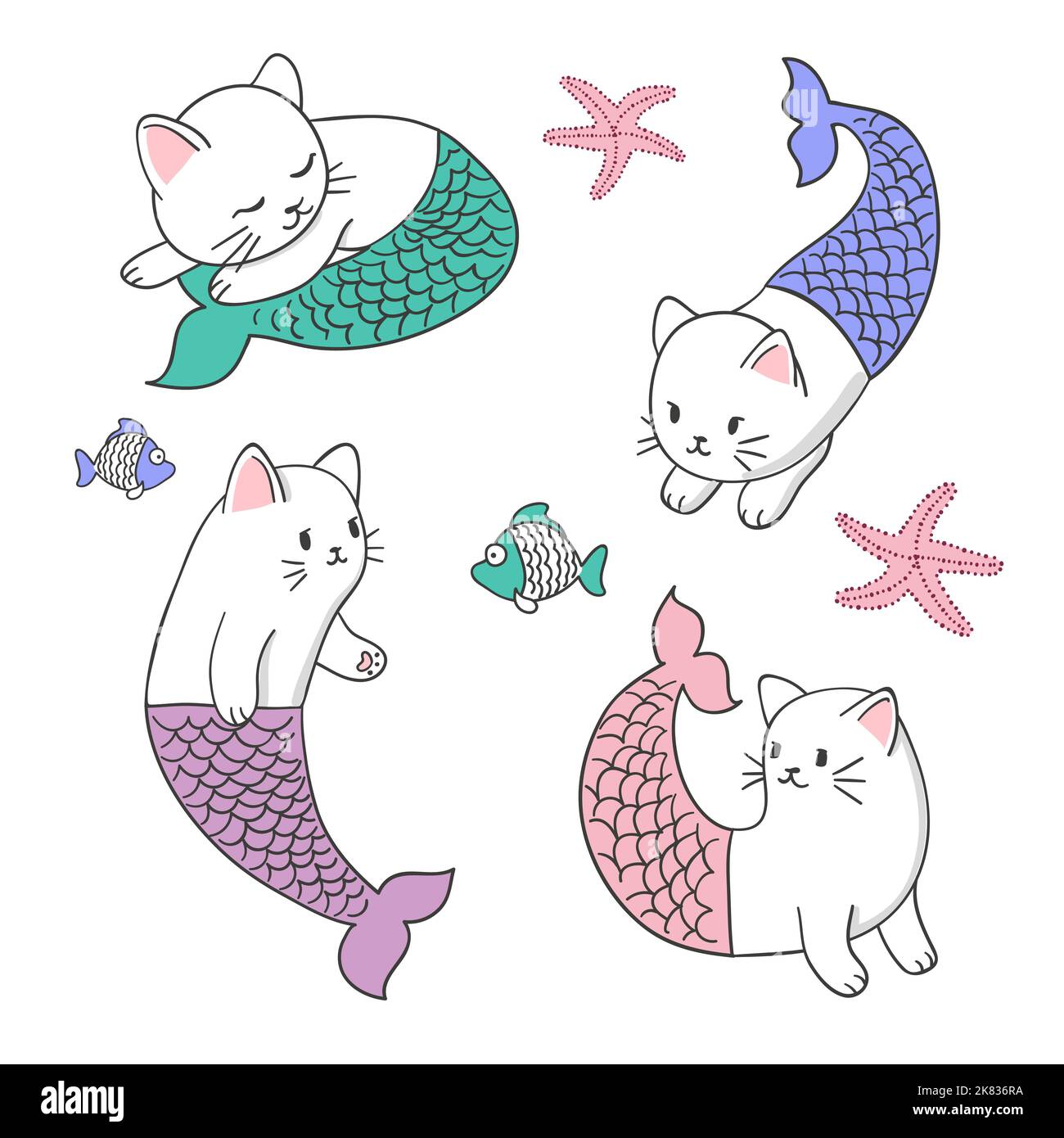 Set of cute cat mermaid. Sea vector collection for kids Stock Vector ...