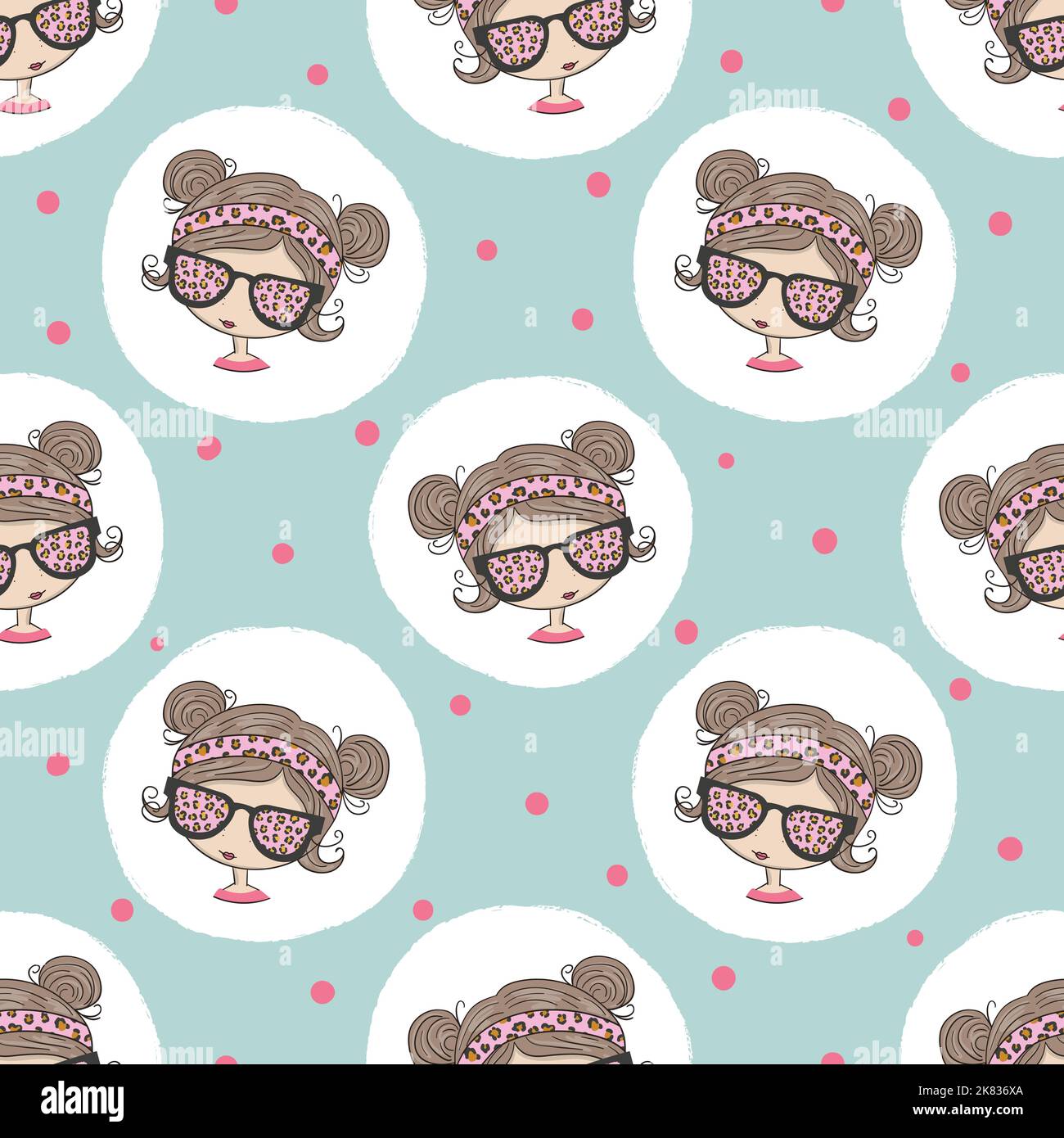 Cute girls pattern. Seamless polka dot background with girl faces Stock ...