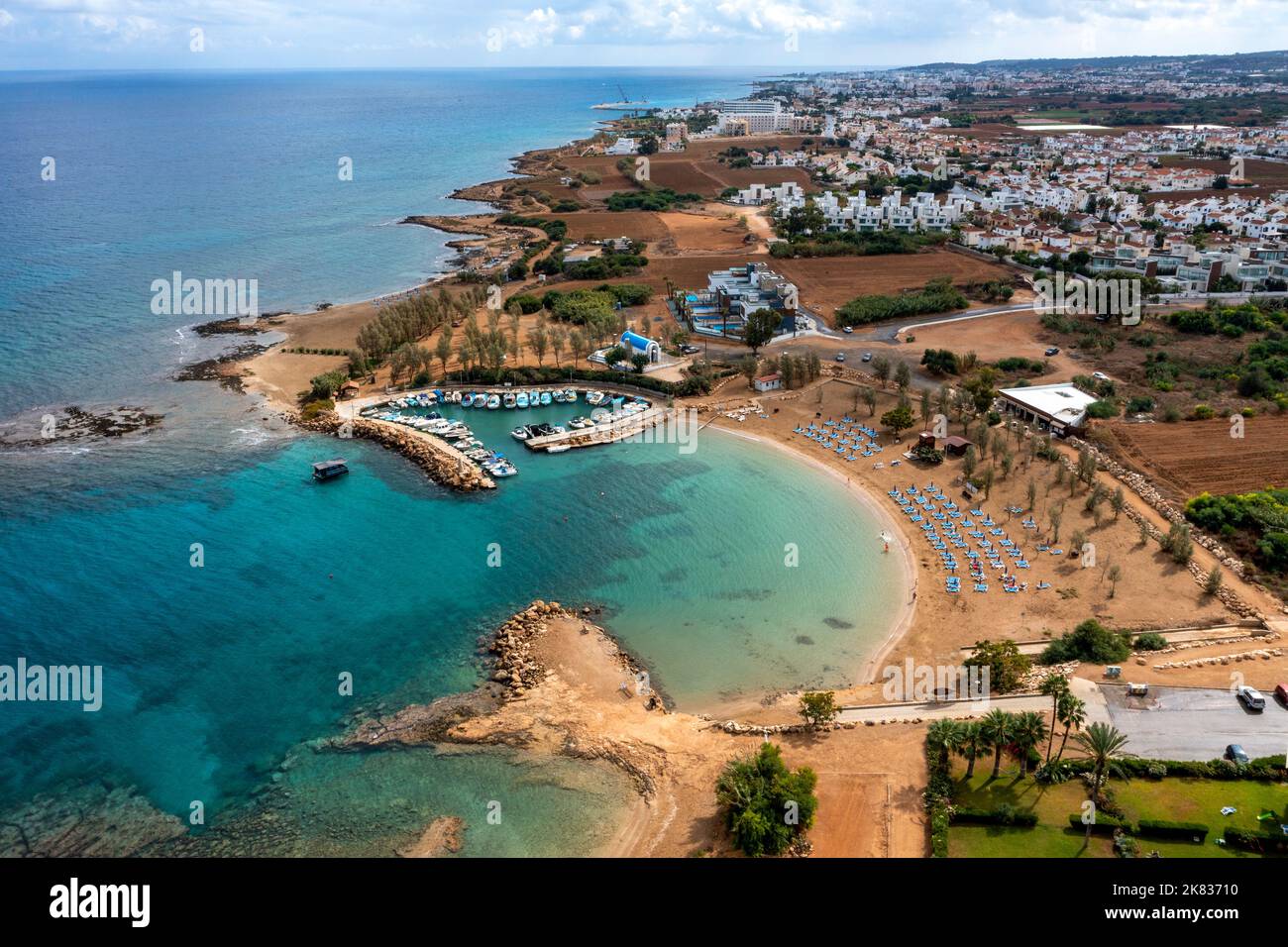 Aerial view of Agia Triada beach (Trinity Beach) and harbour, Paralimni ...