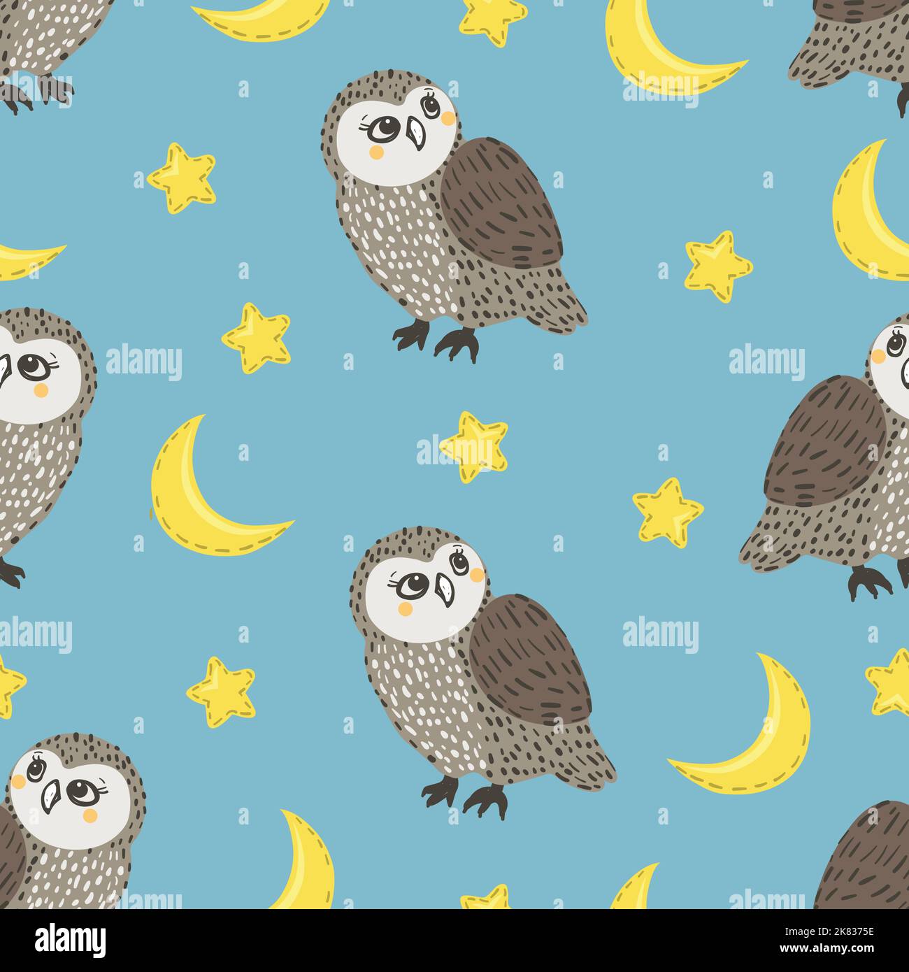 Seamless pattern with cute owls, stars and moon. Vector night ...