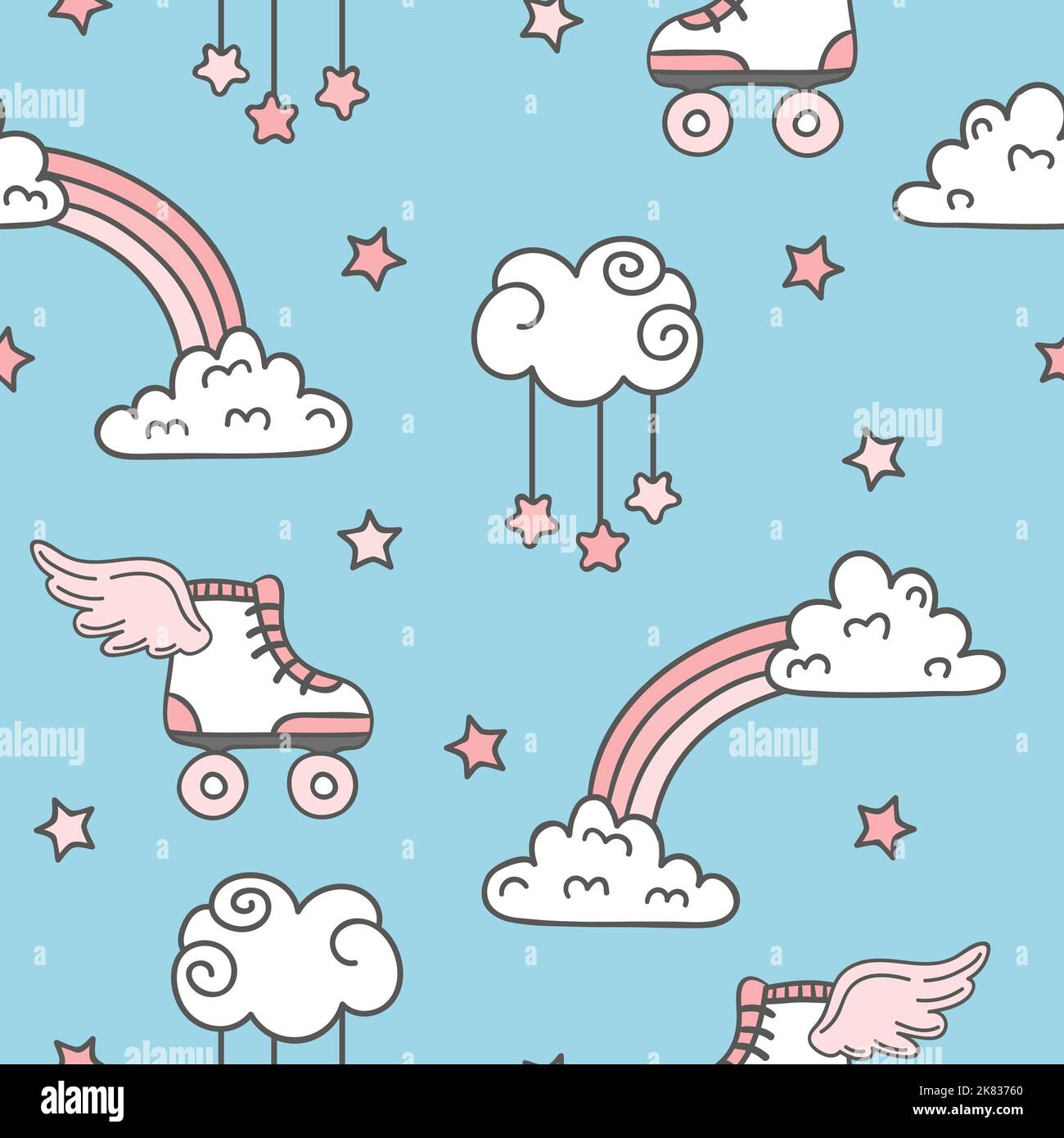 Seamless pattern with roller skates and rainbows for kids design Stock ...
