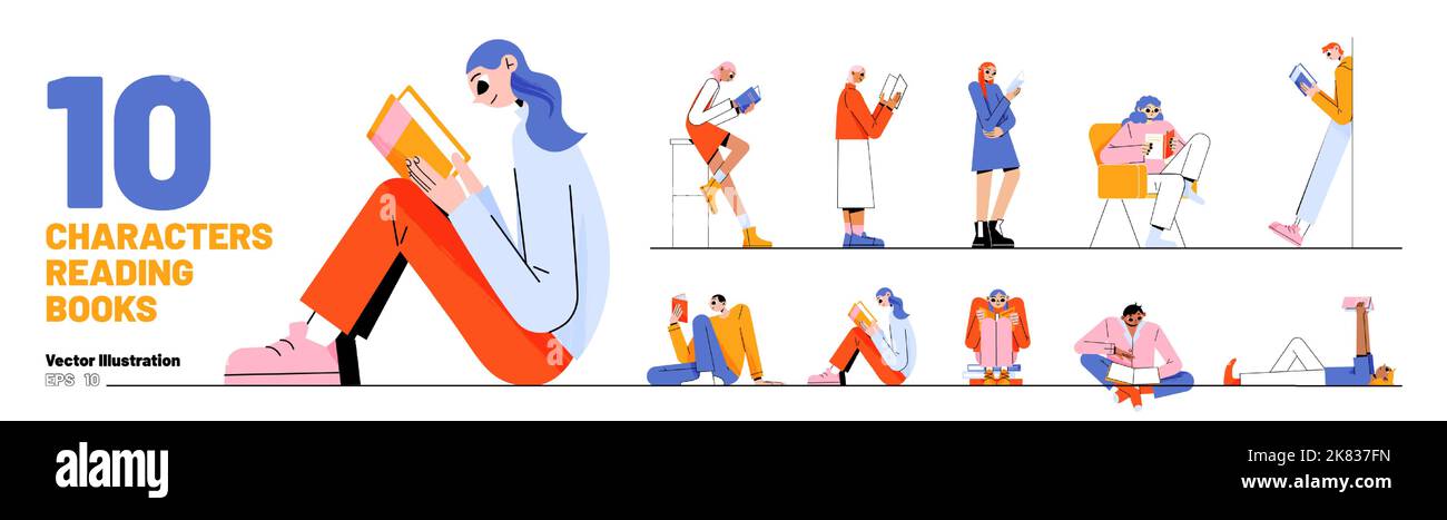 Set of people reading books standing, sitting and lying on floor. Male ...