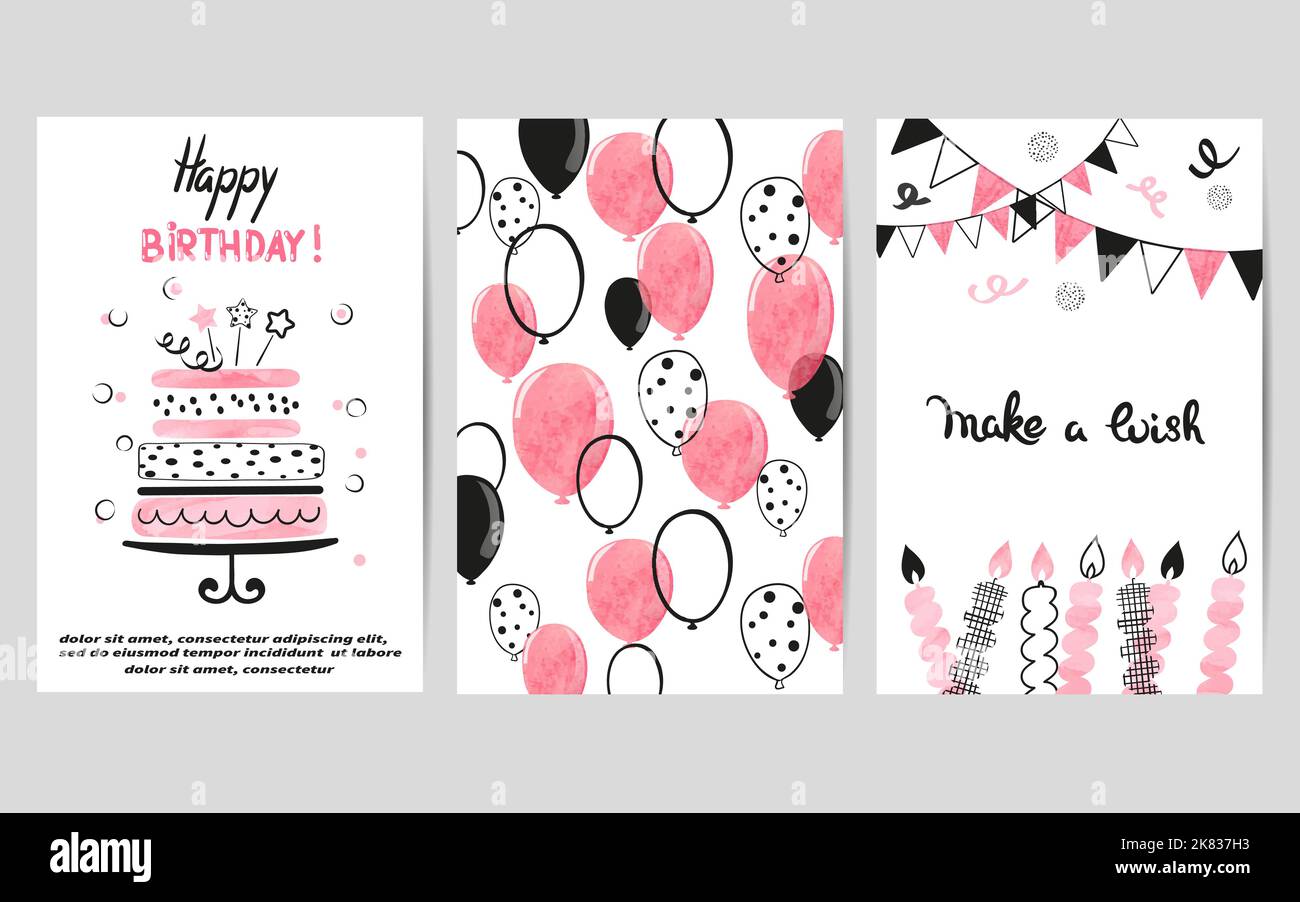Happy Birthday cards set in pink and black colors. Celebration vector ...