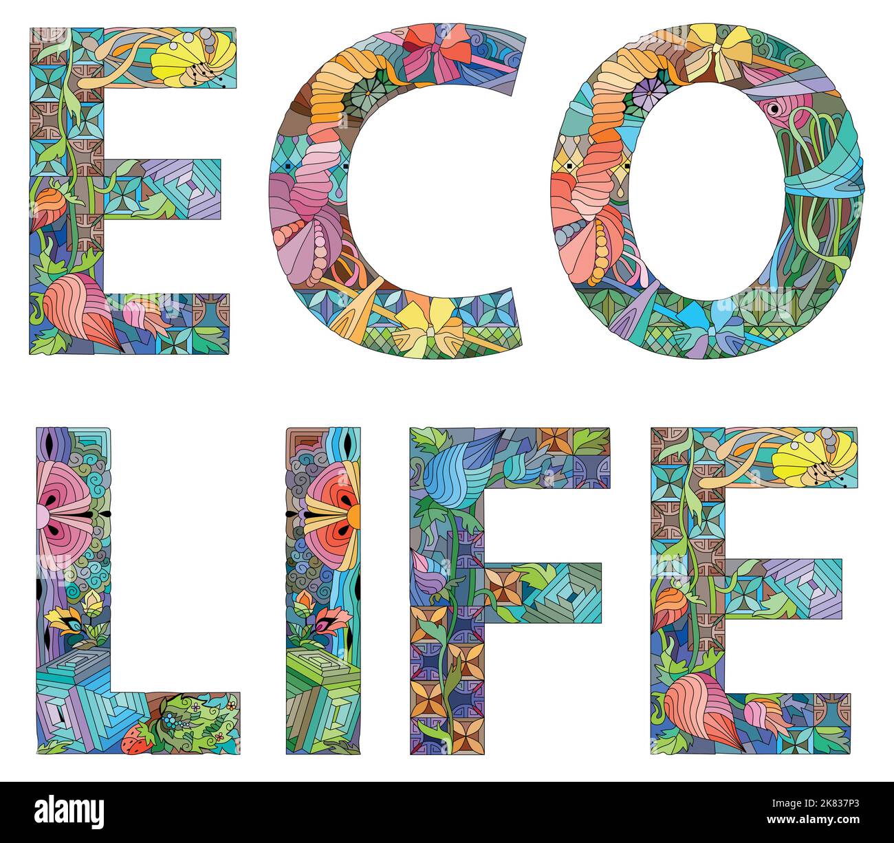 Hand-painted art design. Hand drawn illustration words ECO LIFE for t ...