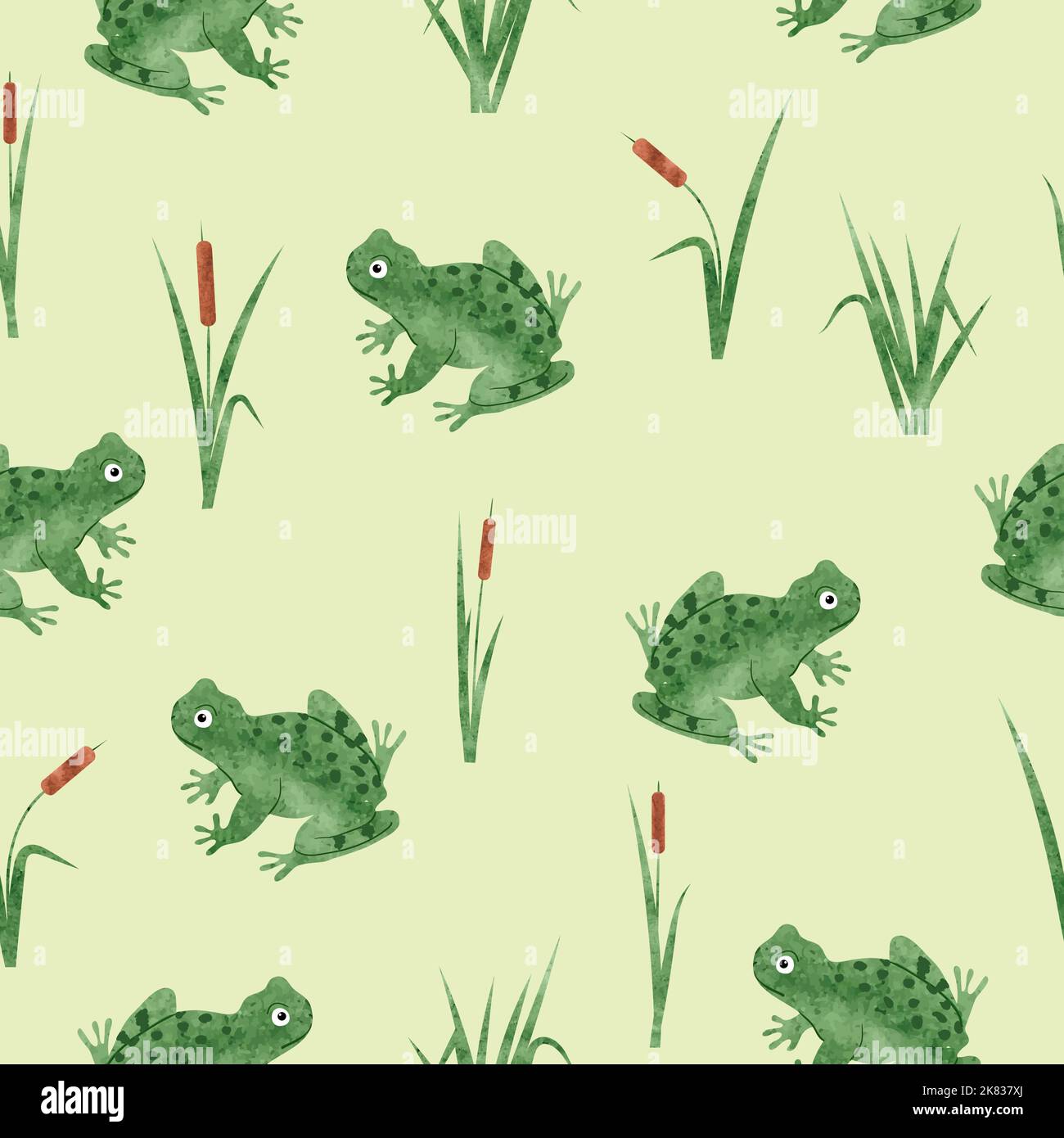 Cute watercolor reed and frog pattern. Seamless vector marsh background ...