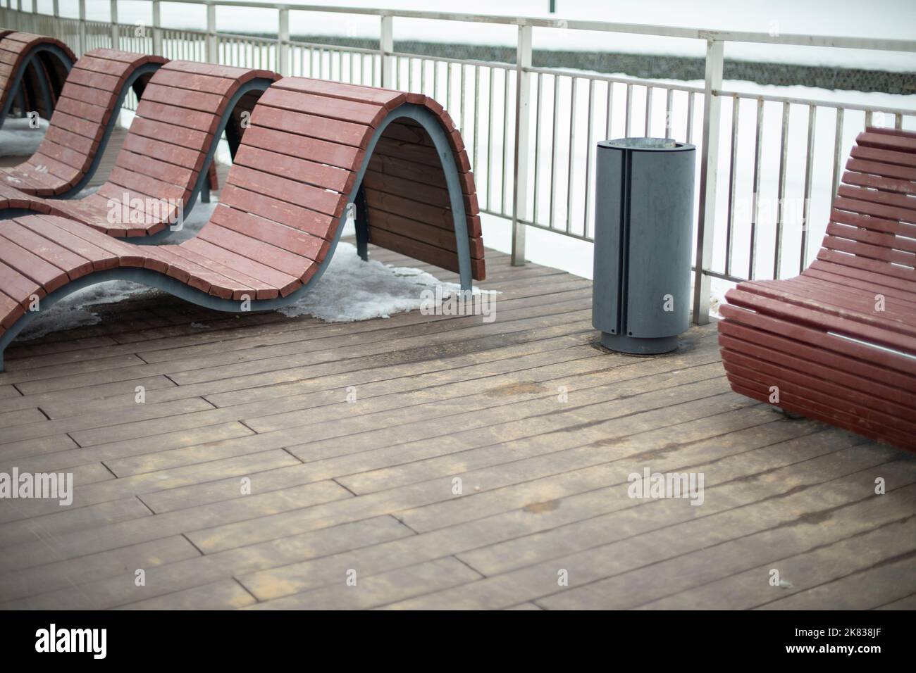 Details of urban environment. Objects in park. Empty seats in city ...