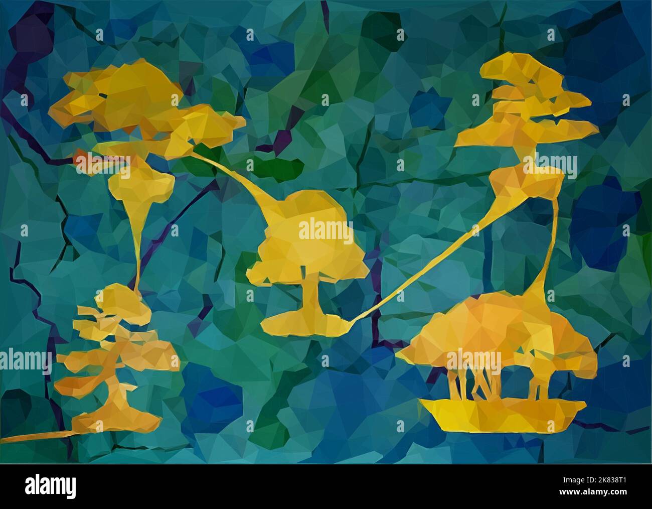 Abstract drawing of organic forms. Turquoise dark marbling with golden ...