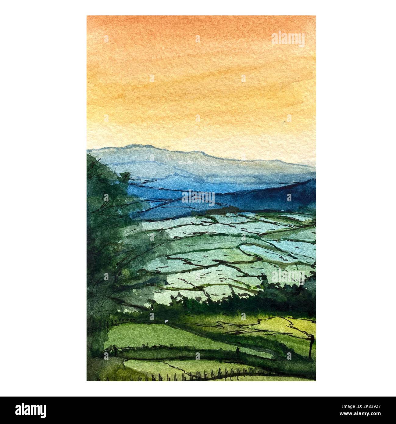 High rural landscape sketch watercolor hand drawn Stock Photo - Alamy
