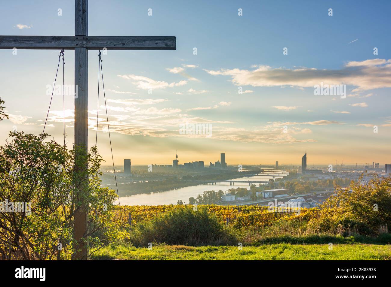 Wien, Vienna: sunrise at Vienna, vineyards, river Donau (Danube), tower ...
