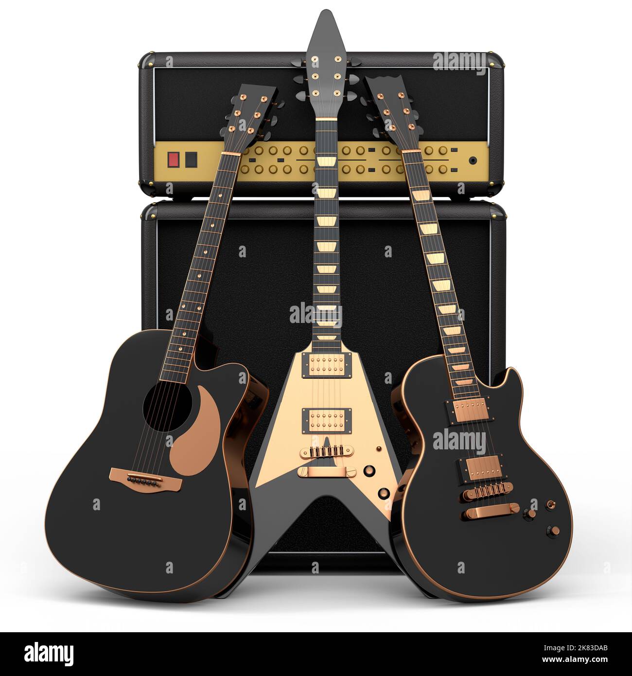 Set of electric acoustic guitar and amplifier on white background. 3d ...