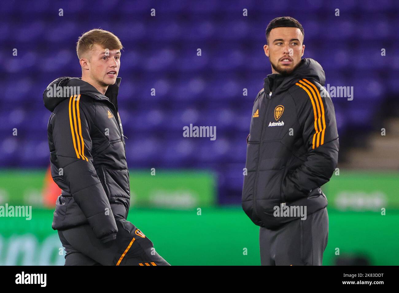 Joe Gelhardt #30 and Sam Greenwood #42 of Leeds United arrive ahead of ...