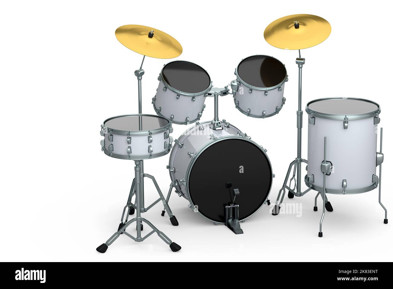 Set of realistic drums with metal cymbals on white background. 3d ...