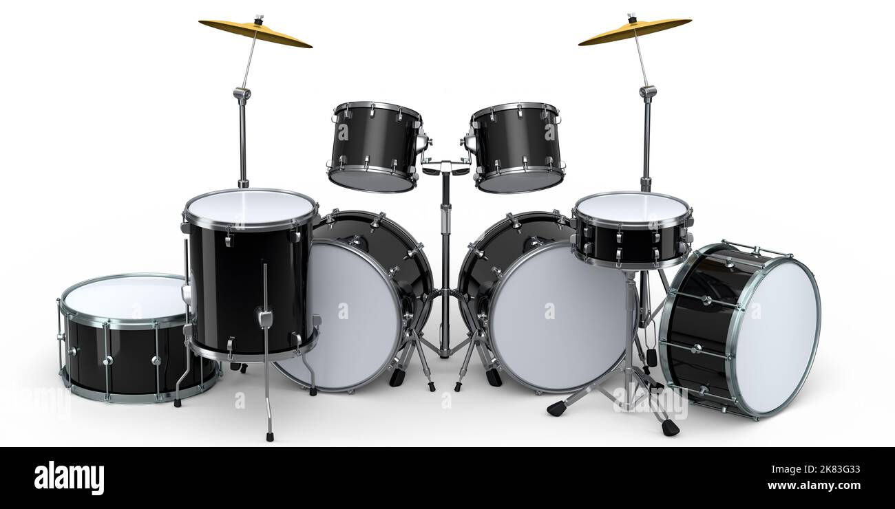 Set of realistic drums with metal cymbals on white background. 3d ...